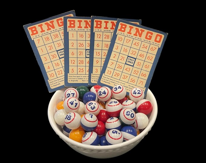 FULL BINGO SET…75 Vintage Plastic Bingo Balls and 3 Cardboard Bingo ...