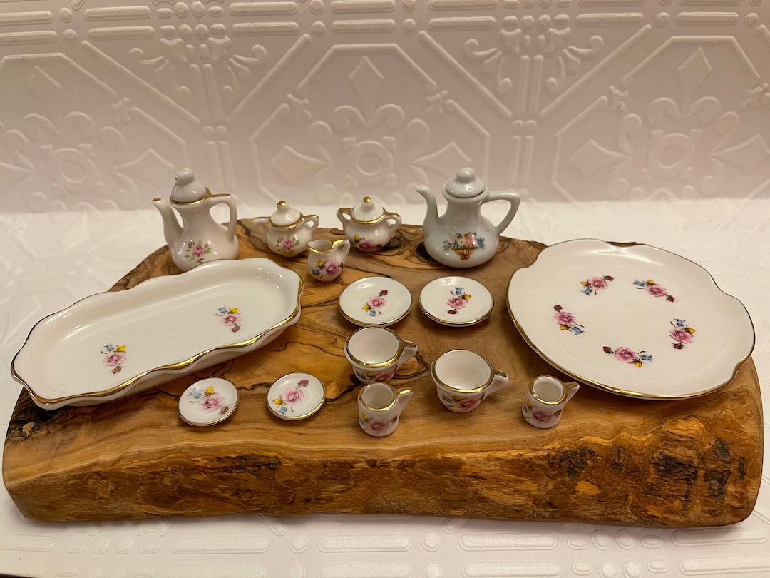 19 PIECE TEA Set…miniature…rose Design… Porcelain…gold Edging…taiwan ...