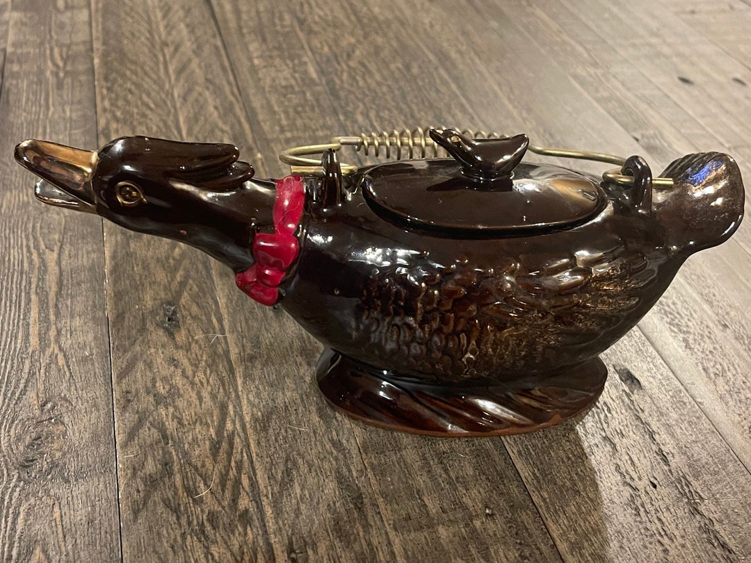 DUCK REDWARE Teapot…brown Glaze…red Neck Bow…reflective…metal Handle ...