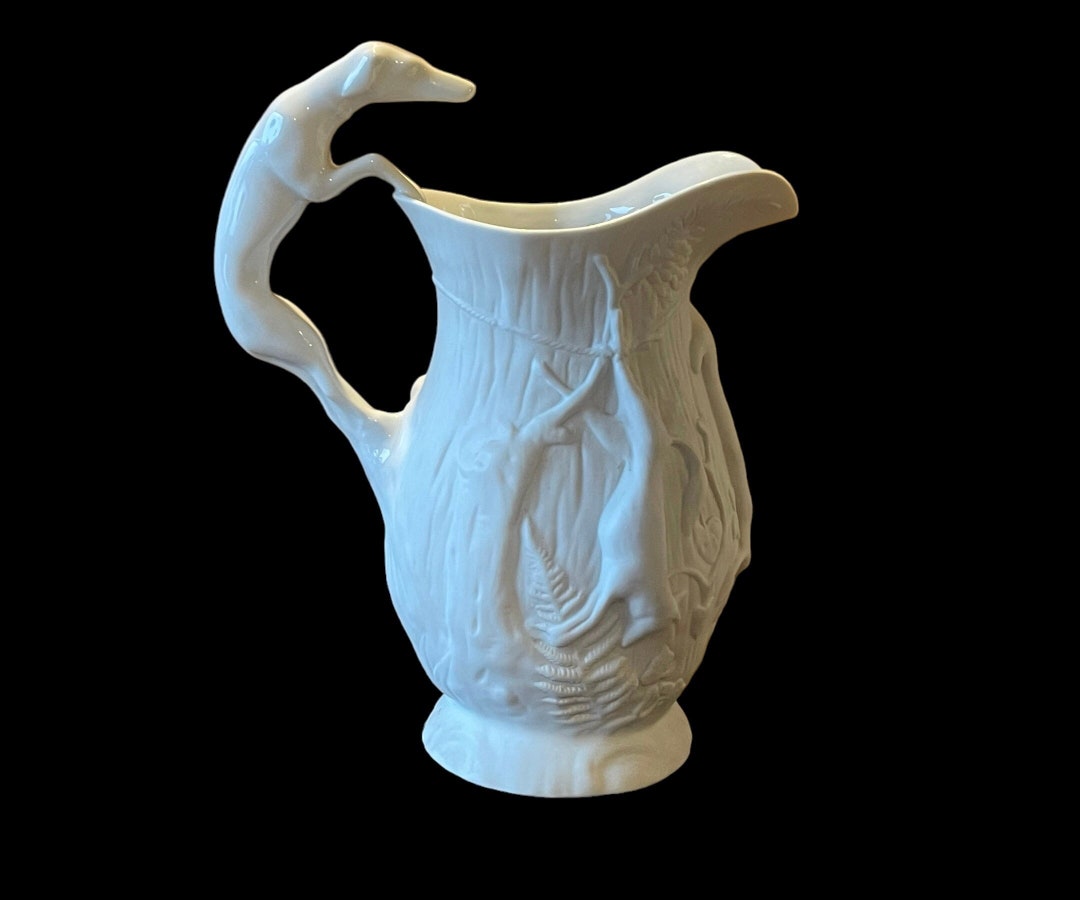 HUNTING DOG Pitcher…greyhound Handle…ivory Colored…raised Hunting Scene ...