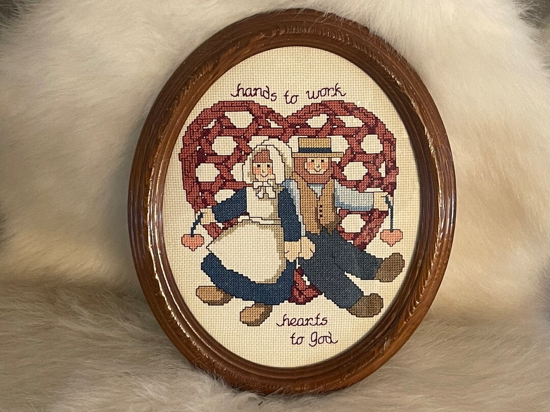 AMISH CROSS Stitch…religious…wooden, Oval Frame…handmade… ”hands to ...