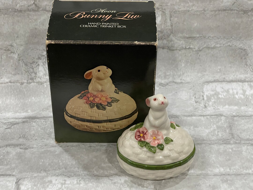 AVON BUNNY Dish…”bunny Luv”…covered Egg Dish…hand Painted…basket Weave ...