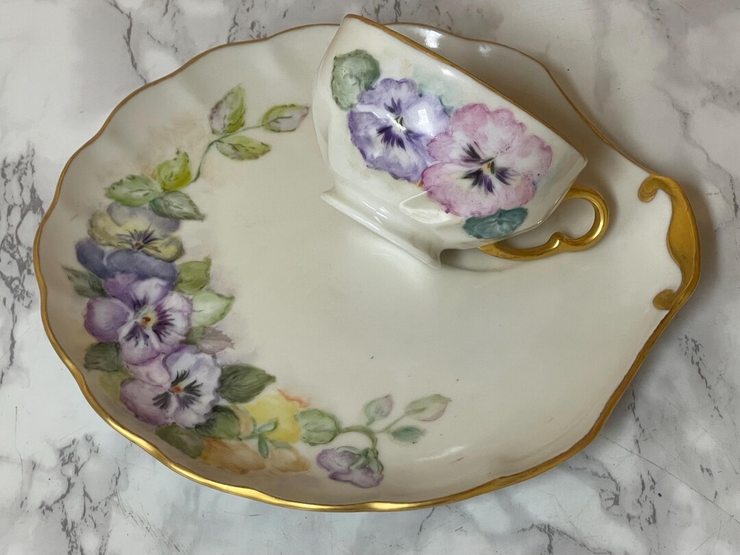 PANSY TRAY & TEACUP…3 Sisters…set of 2…hand Painted Porcelain…gold ...