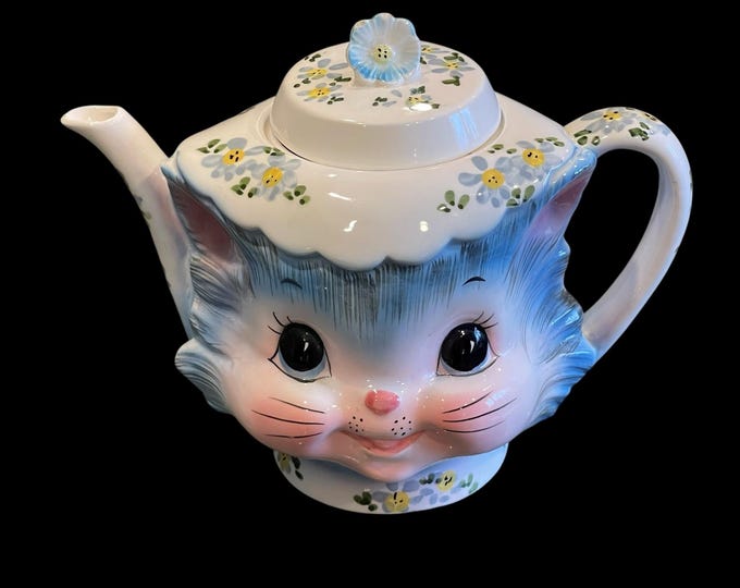 MISS PRISS Teapot…lefton…4-cup…1516…cat Collectible…blue and Floral ...