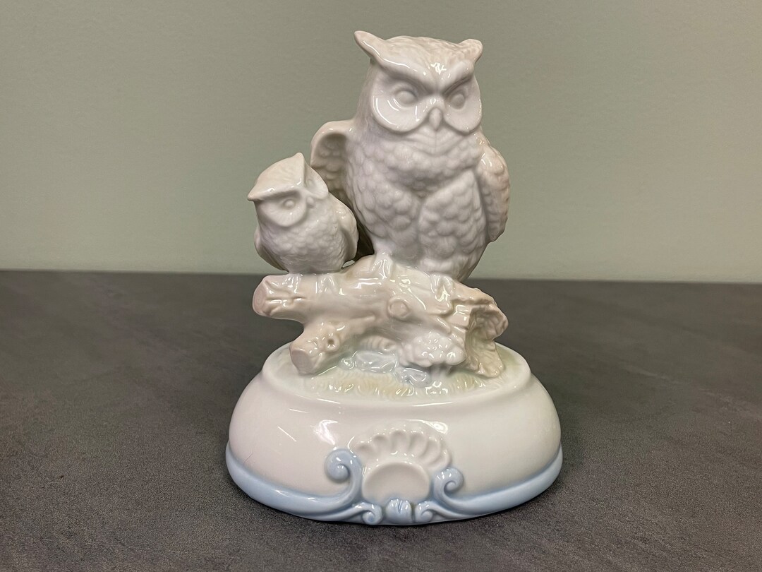 OWL MUSIC Box…porcelain…mother and Baby…owls Perched on a Log…textured ...