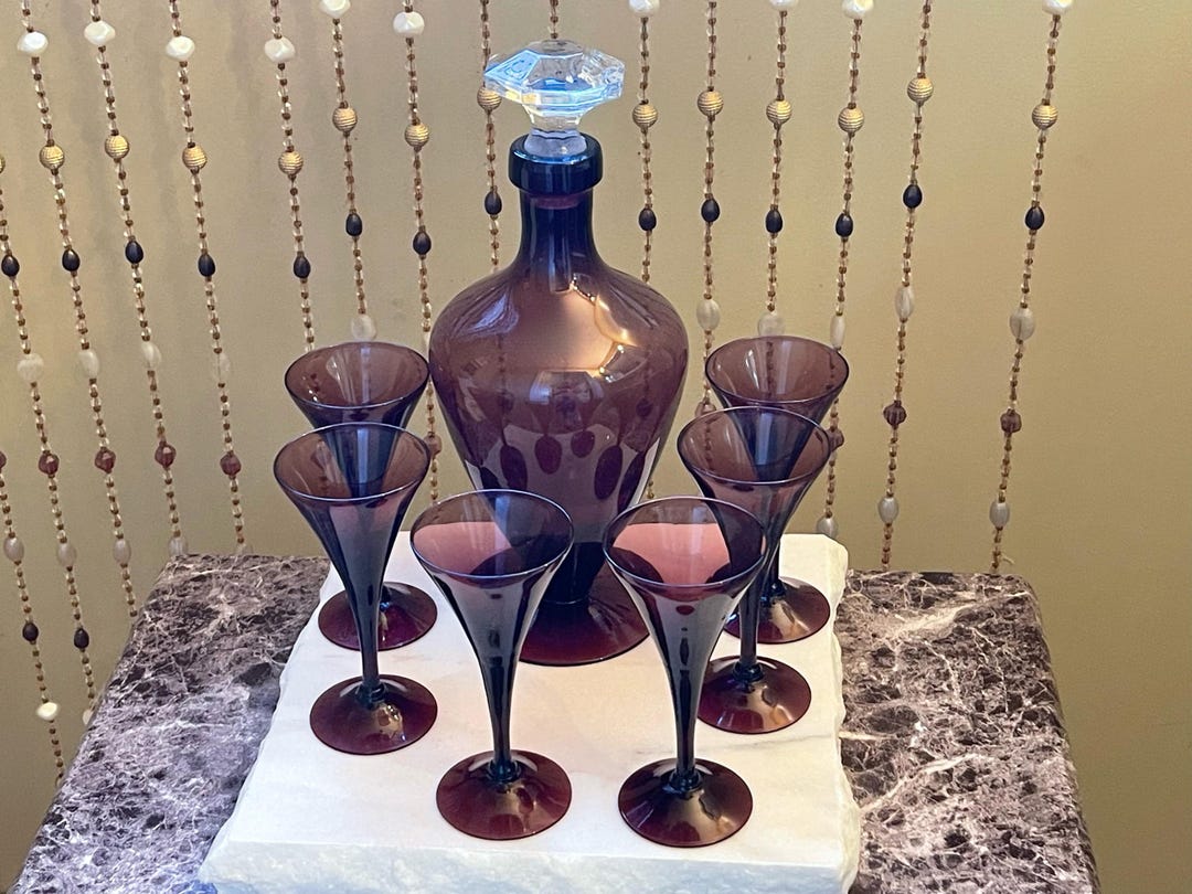 AMETHYST SHERRY Set…sherry Decanter and 6 Goblets…purple Glass…round ...