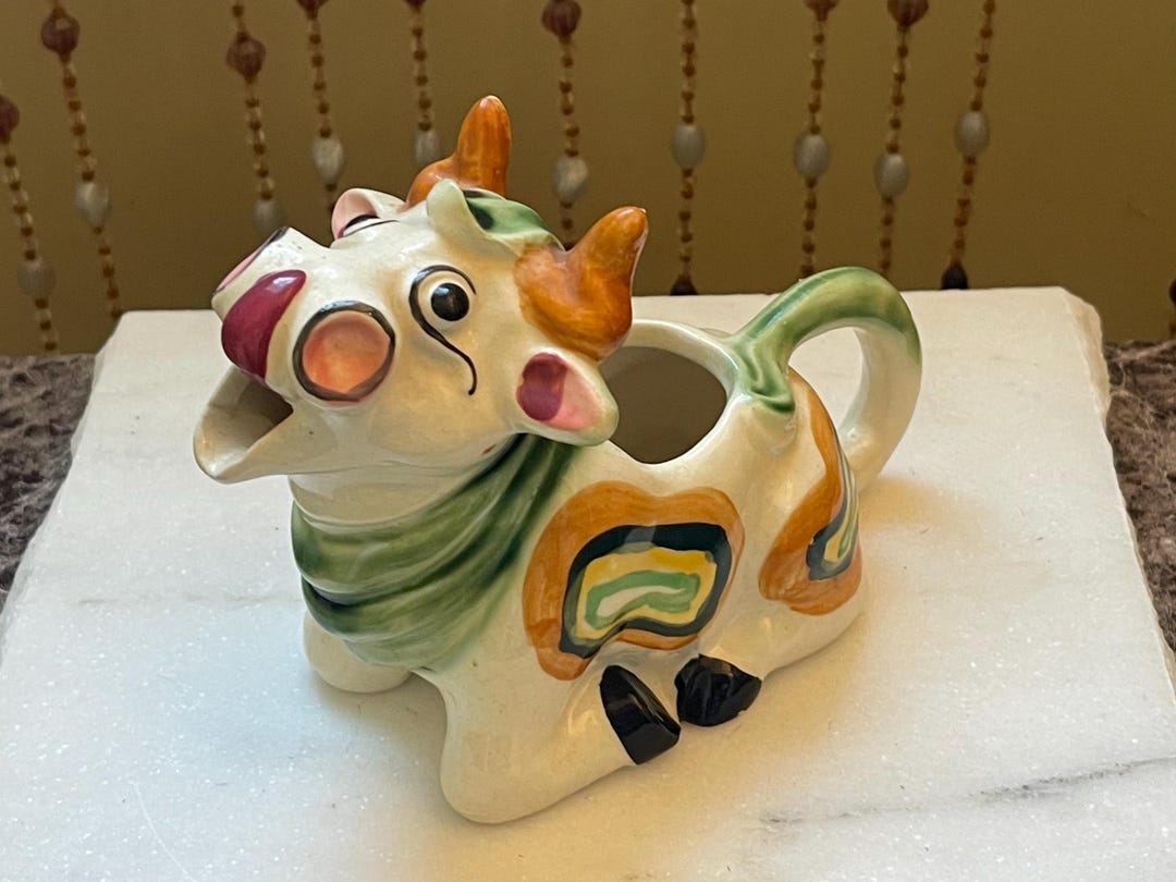 COW Creamer…colorful…small Horns…open Mouth Pourer…curled Tail Handle ...