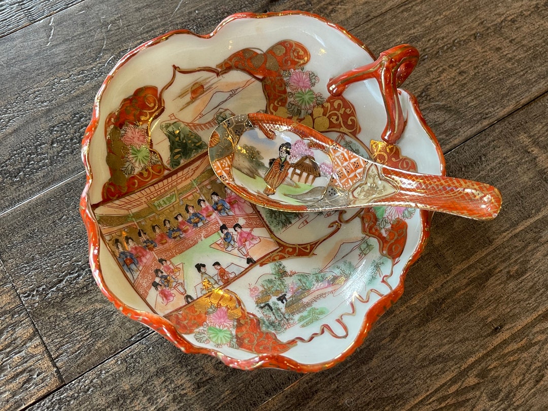 KUTANI BOWL & Ladle…japanese…hand Painted…raised Handle…shallow Bowl ...