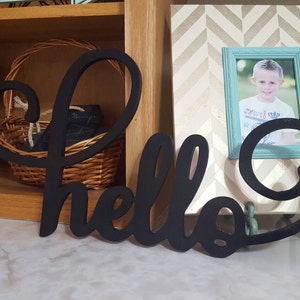 Hello Wood Word Cutout, Scroll Cut Word, Hello Wood Sign, Stand on a ...