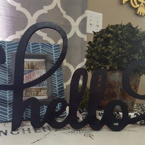 Hello Wood Word Cutout, Scroll Cut Word, Hello Wood Sign, Stand on a ...