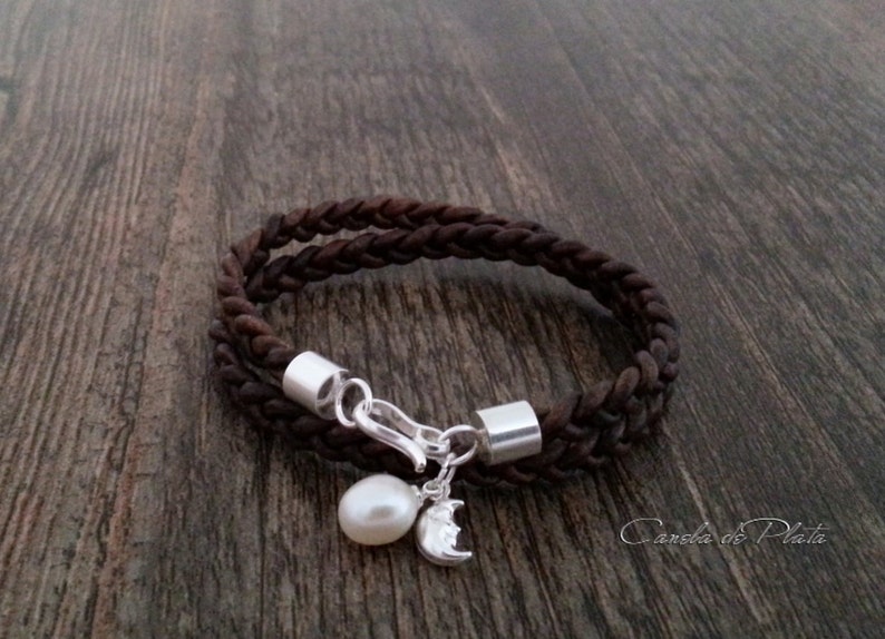 Double wrap leather braided bracelet Moon Sterling Silver | Etsy
