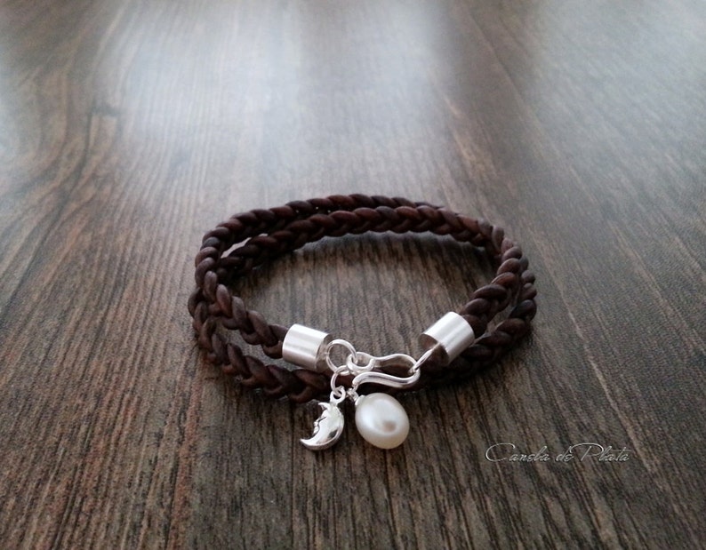 Double wrap leather braided bracelet Moon Sterling Silver | Etsy