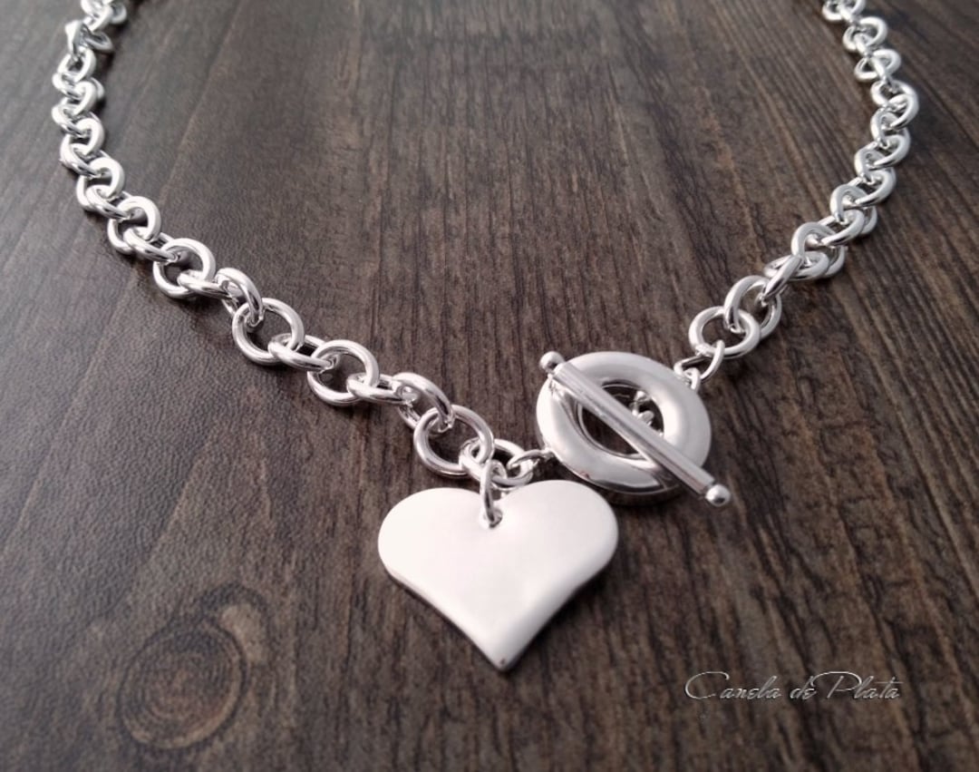 Heart Charm Necklace Silver Plated Chain and Toggle Clasp. Thick Chain ...