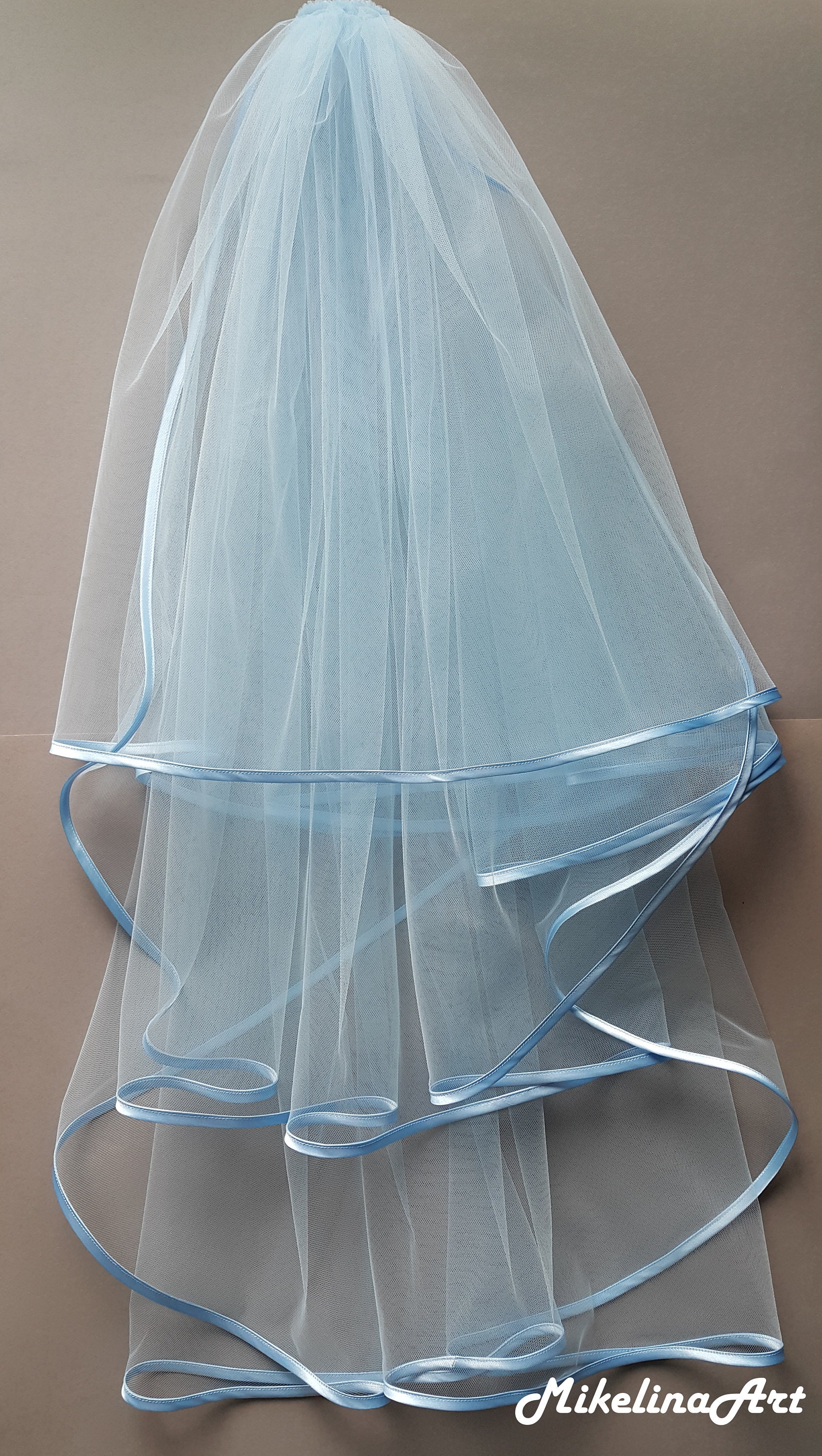 Sky Blue Wedding Veil, Three Layers, Sky Blue Satin Edging. - Etsy