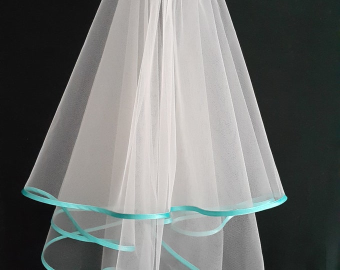 White Wedding Veil, Two Layers, Turquoise Satin Edging. - Etsy