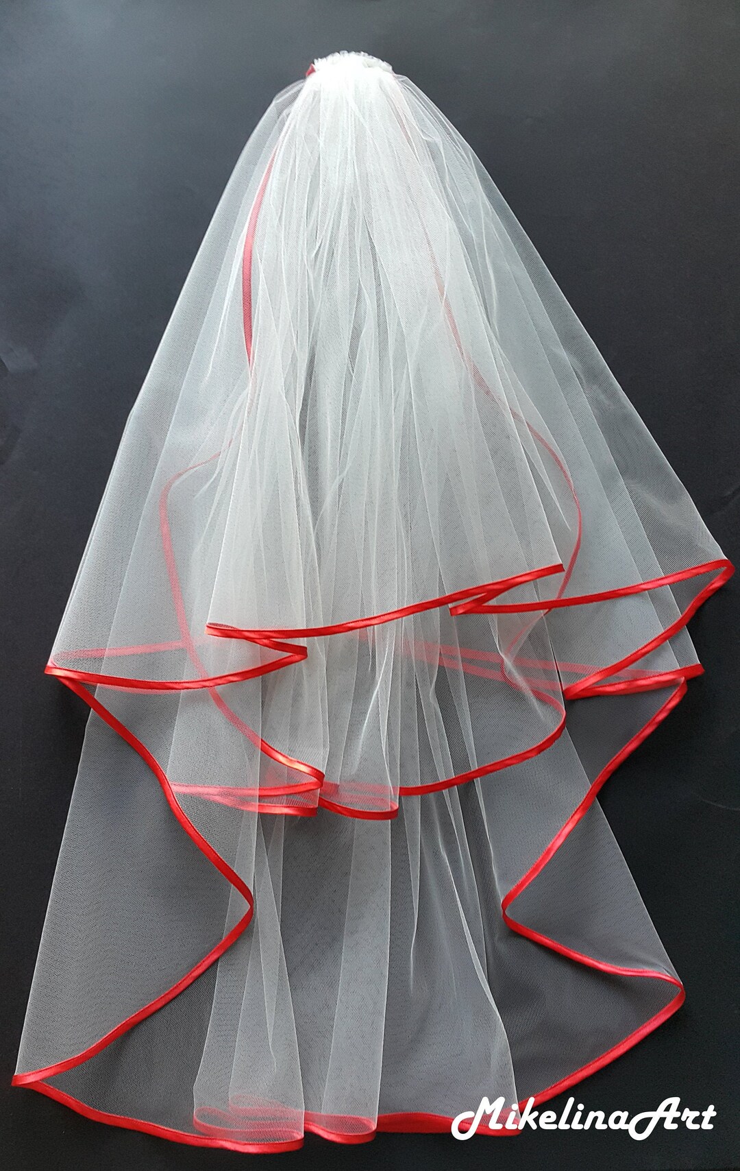 Ivory Wedding Veil, Three Layers, Red Satin Edging. - Etsy