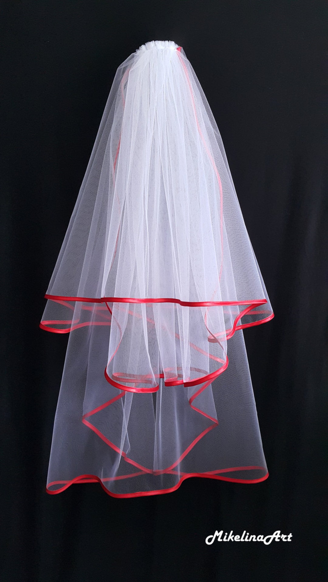 White Wedding Veil, Three Layers, Red Satin Edging. - Etsy