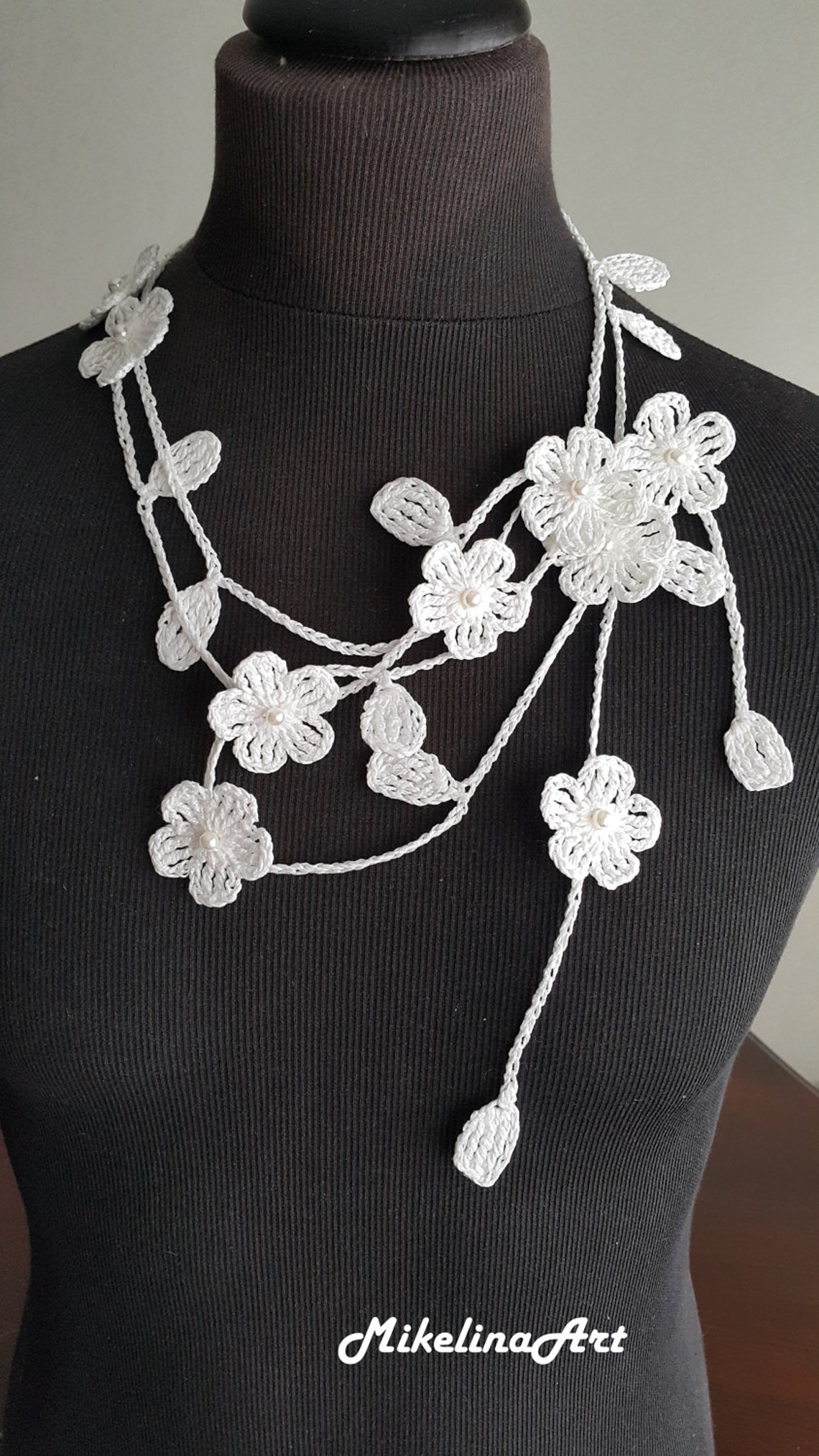 Crochet Necklace, Crochet Neck Accessory, Flower Necklace, White, 100% ...