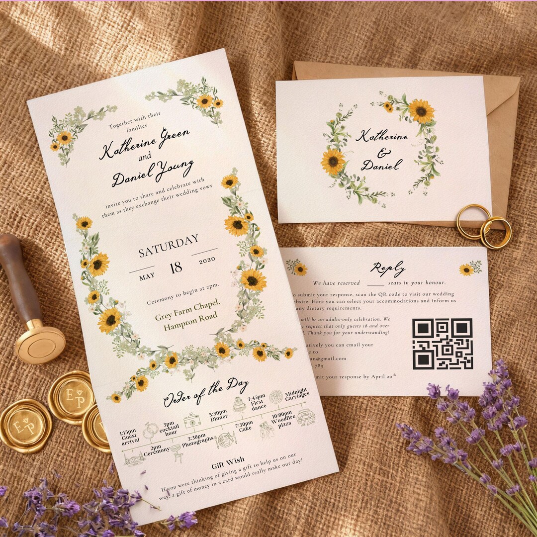 Sunflower Theme Folded Wedding Invitation - 300gsm Thick Watercolour ...