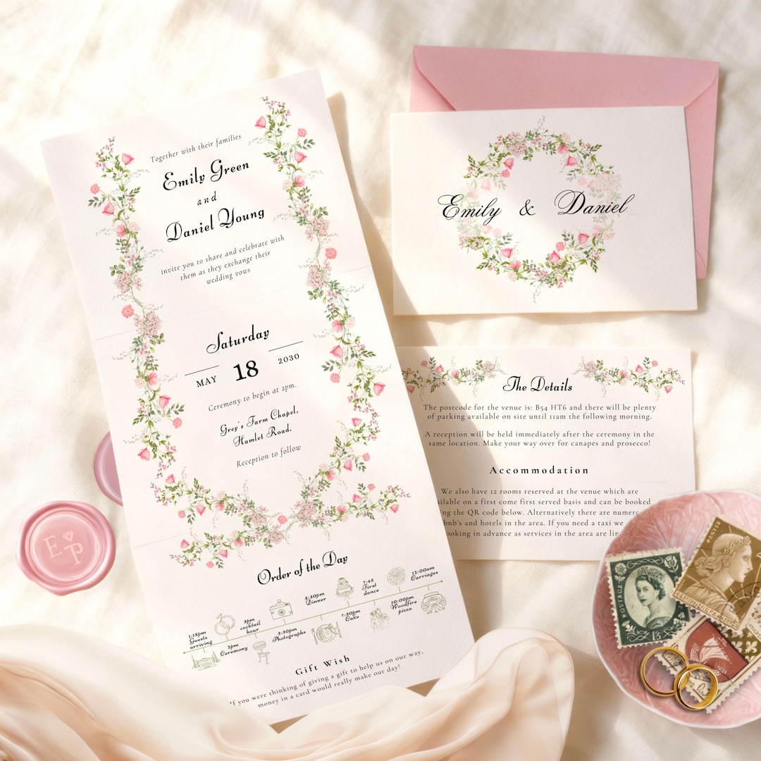 Light Pink Floral Folded Wedding Invitation, 3 Fold Concertina Invite ...