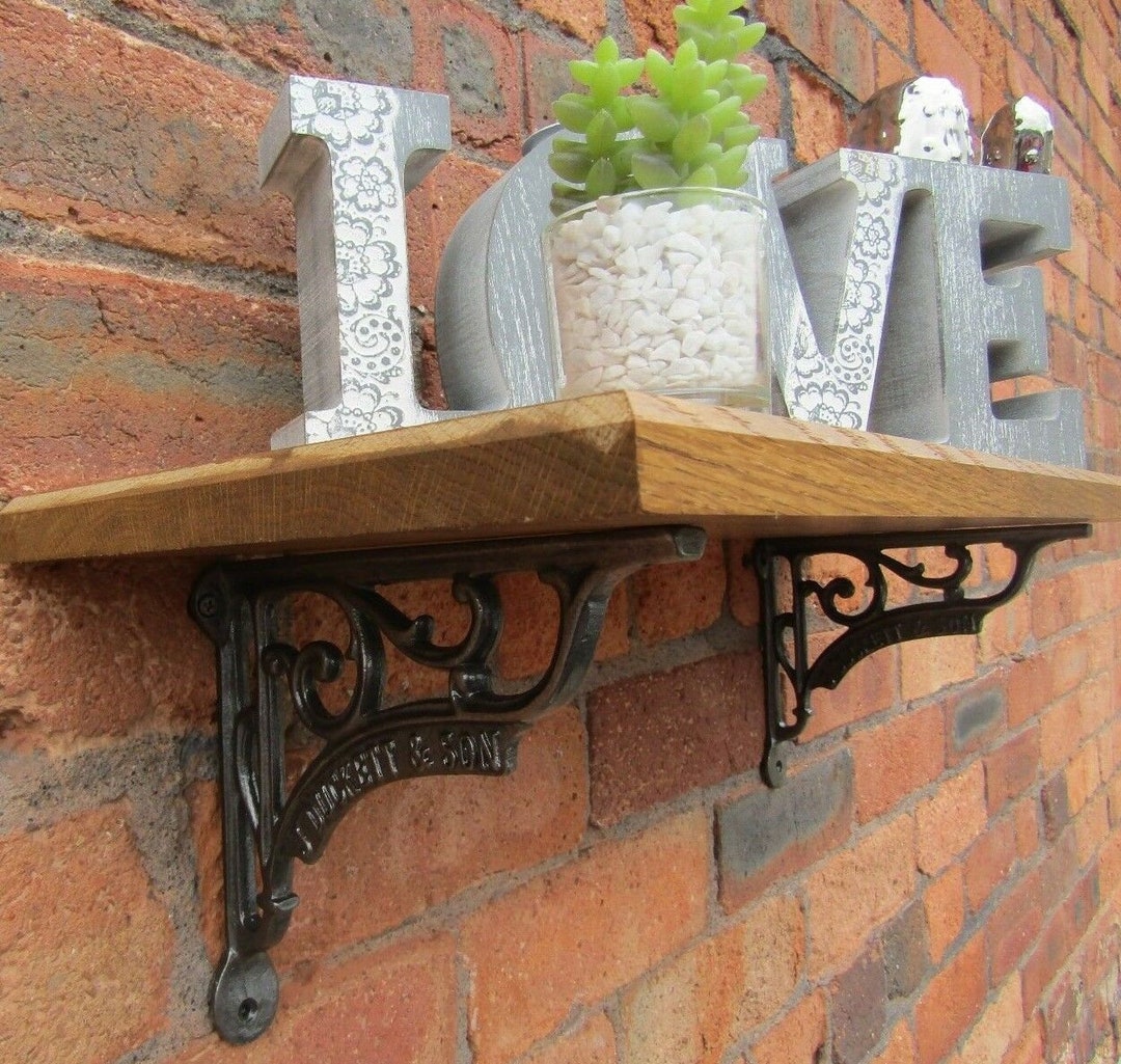 Solid Oak Wood Handmade Shelves Rustic Shelf 22cm DEEP With Cast Iron ...