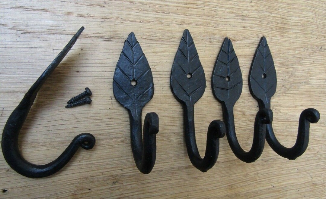 Pack of 5 LEAF HANDFORGED Blacksmith Rustic Wrought Iron Hooks Vintage ...