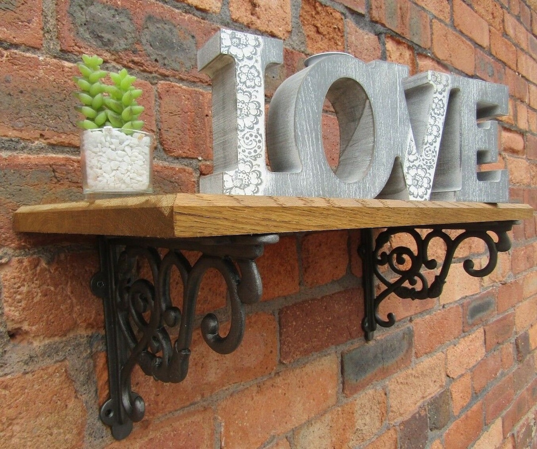 Solid Oak Wood Handmade Shelves Rustic Shelf 22cm DEEP With Cast Iron ...