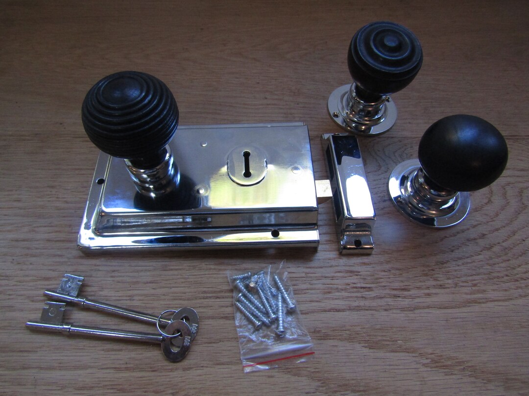 EBONY AND CHROME Rim Knob and 6" Polished Chrome Rim Lock Set Old ...