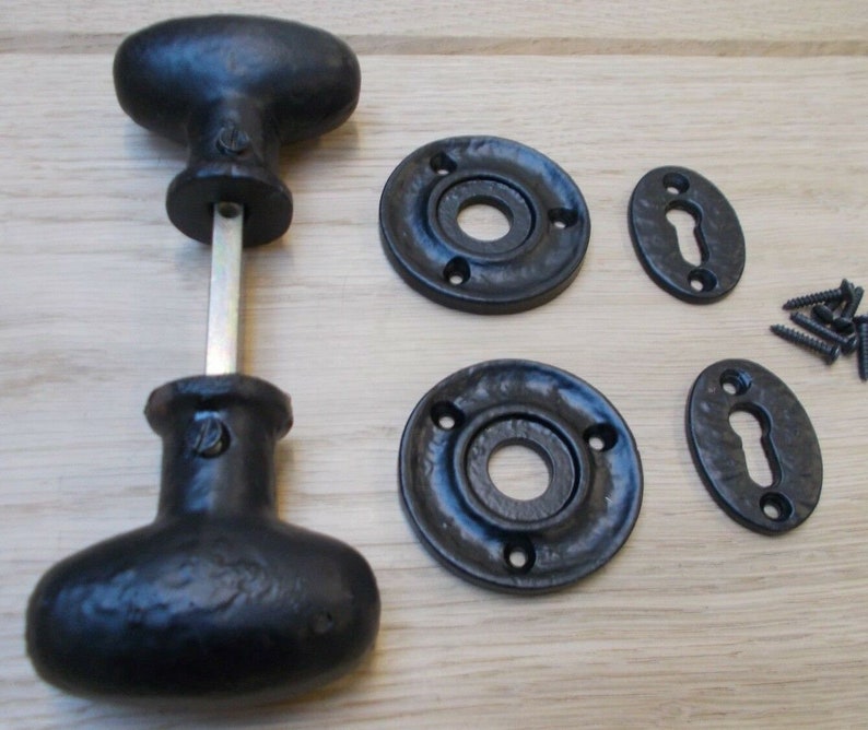 BLACK ANTIQUE Cast Iron Gothic Tudor Door Rim Knobs Rustic Vintage ...
