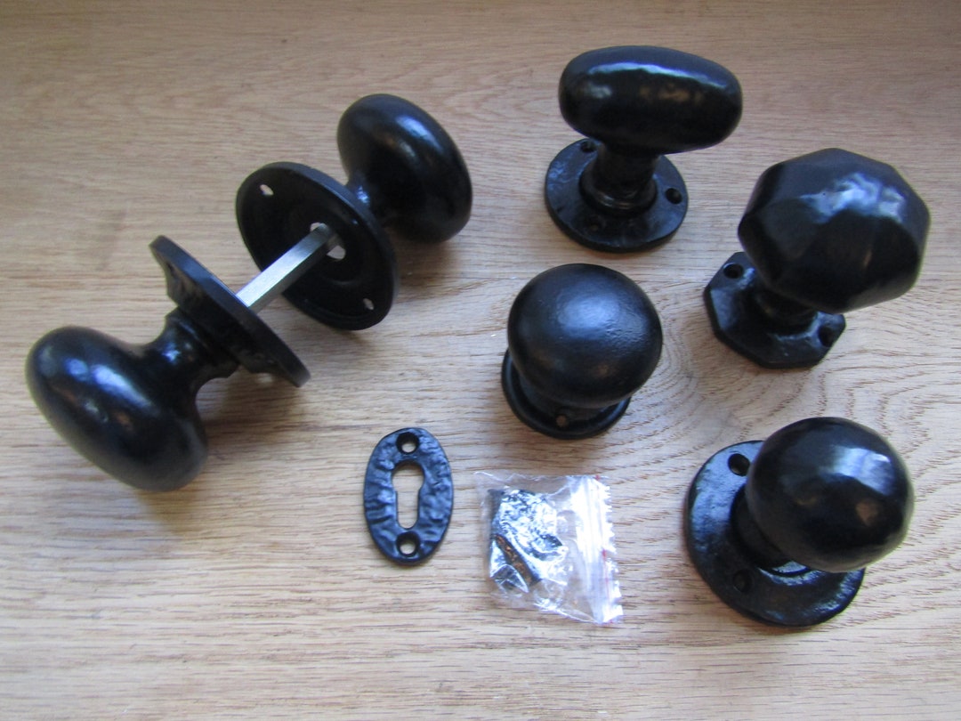 BLACK ANTIQUE Cast Iron Gothic Tudor Door Rim Knobs Rustic Vintage ...