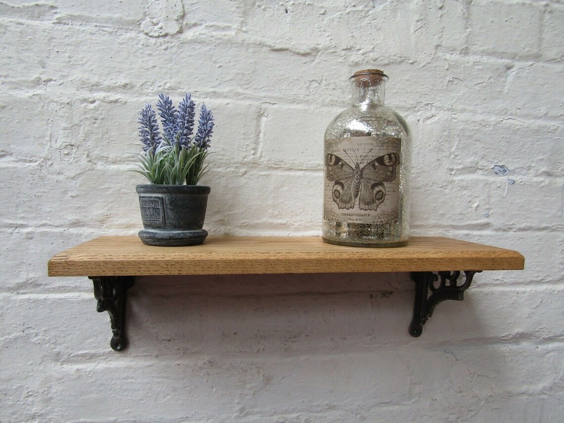 Solid Oak Wood Handmade Shelves Rustic Shelf 15cm DEEP With Cast Iron ...