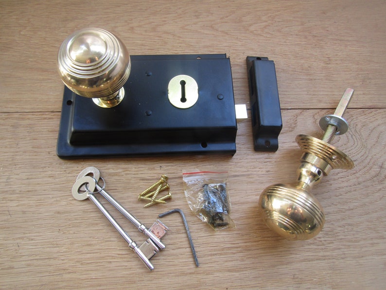 SOLID BRASS Rim Knob & Black Rim Lock Set Old 1920s Retro | Etsy