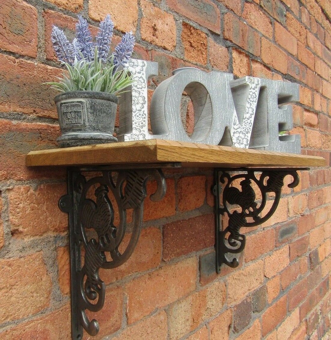 Solid Oak Wood Handmade Shelves Rustic Shelf 22cm DEEP With Cast Iron ...