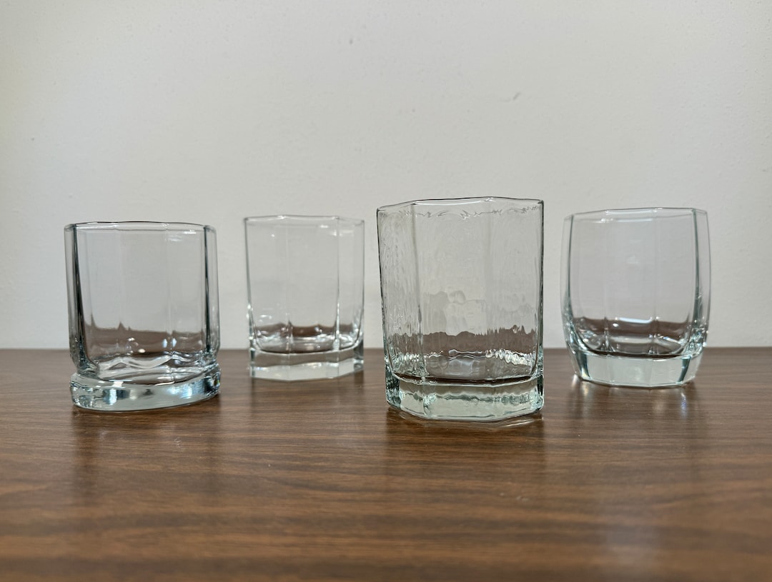 Four Mismatched Geometric Shaped 8 - 10 Oz Lowball Glasses - Clear ...