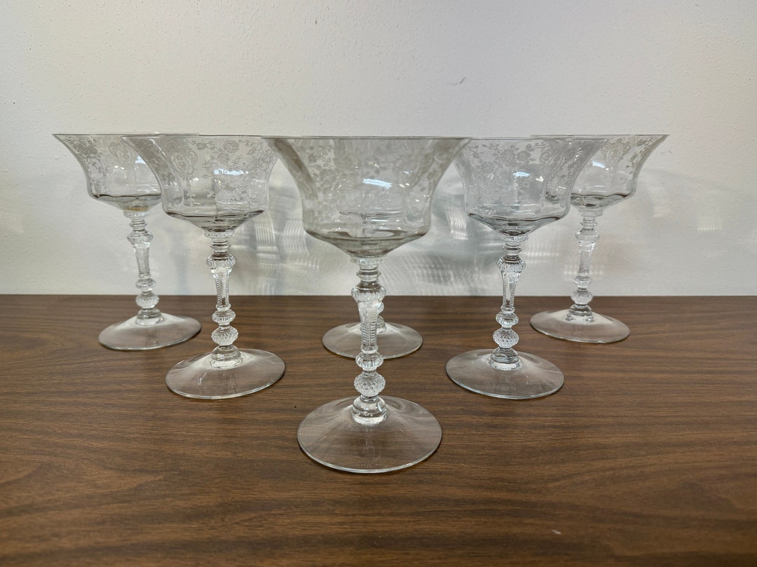 Six Cambridge Rose Point 4 Oz Tall Footed Champagne Coupes - Etched ...