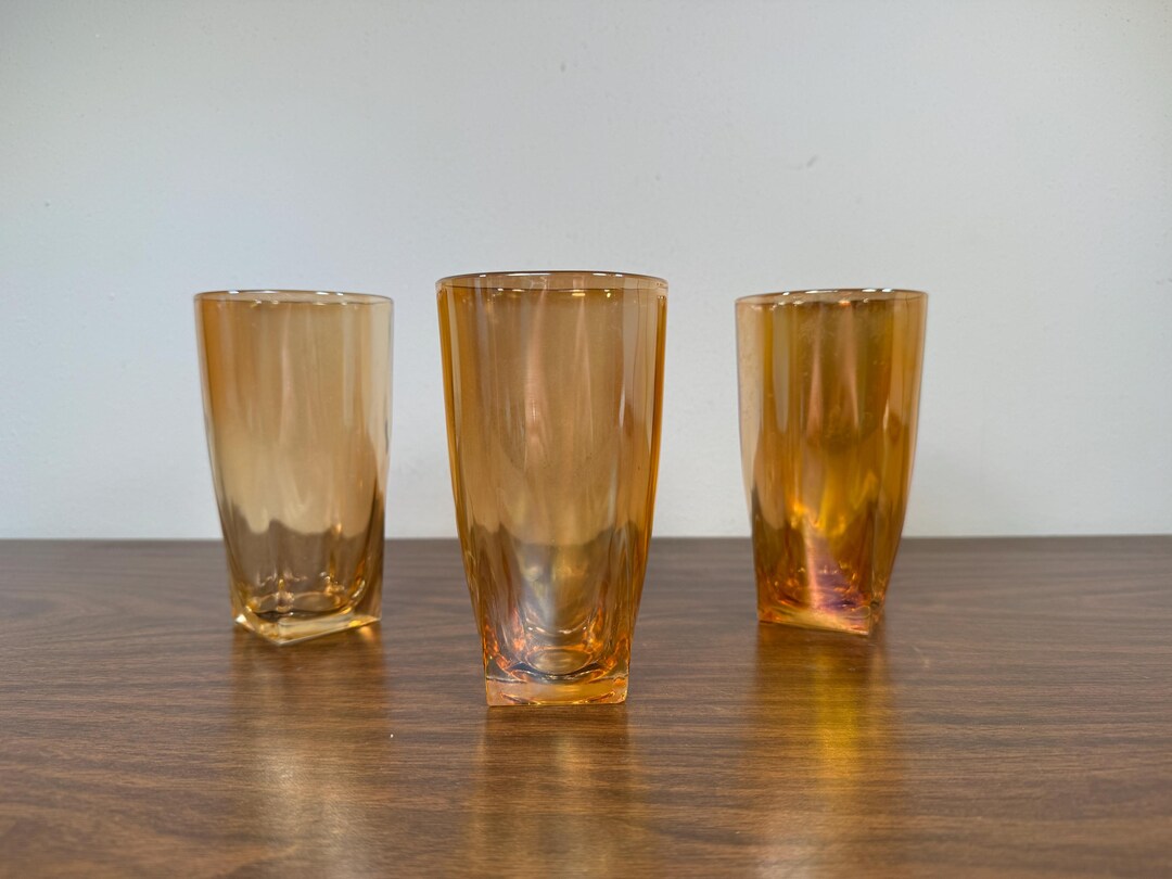 Three Marigold Lusterware Square Base 10 Oz Tumblers - Iridescent ...