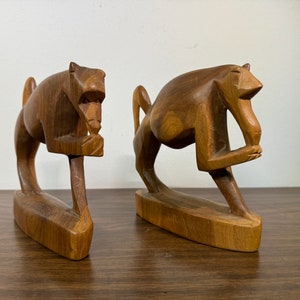 Two 6" Wooden Ape Figurines - Carved Wood Primate Baboon Animal African ...