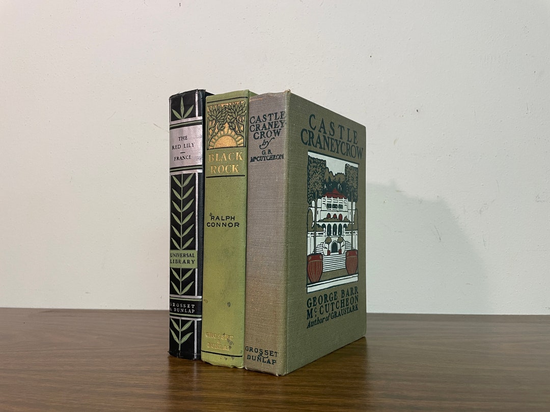 Three Mismatched Antique Hardcover Books With Green & Black Decorative ...