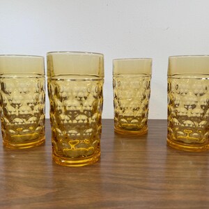 Four Libbey Thumbprint Amber 12 Oz Tumblers - Retro Chunky Yellow Honey ...