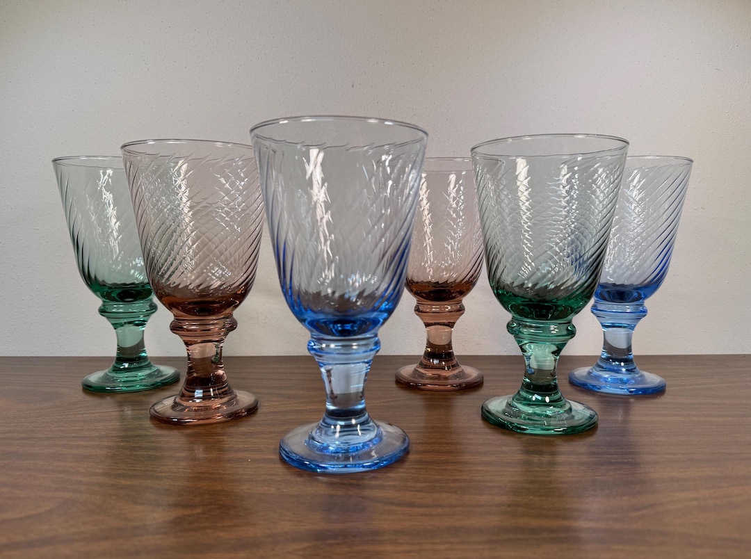 Six Libbey Swirl Optic 14 Oz Glass Goblets Retro Multi Colored Light ...