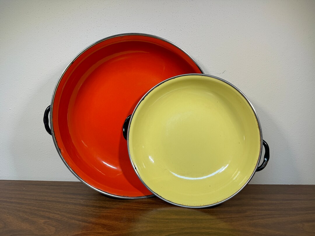 Two EMO Red & Yellow Enamelware Paella Pans - Midcentury Primary Color ...