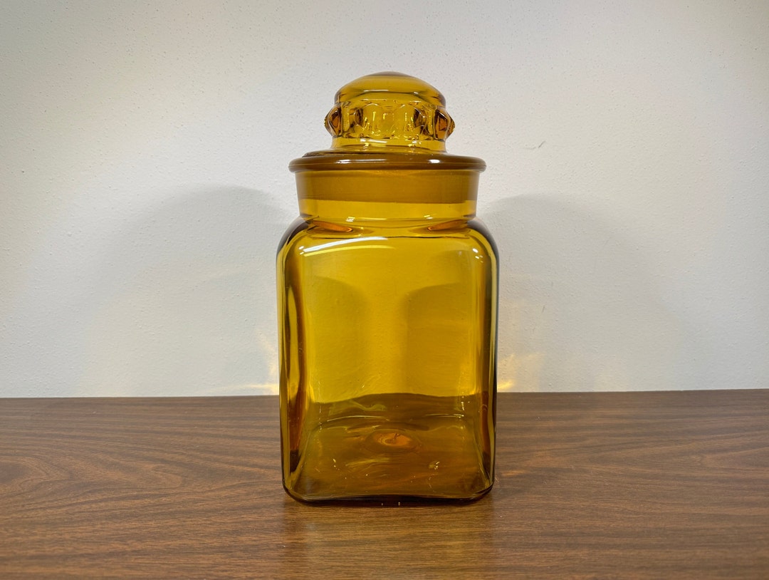 Amber Glass 9.5 Square Jar With Lid Midcentury Retro - Etsy