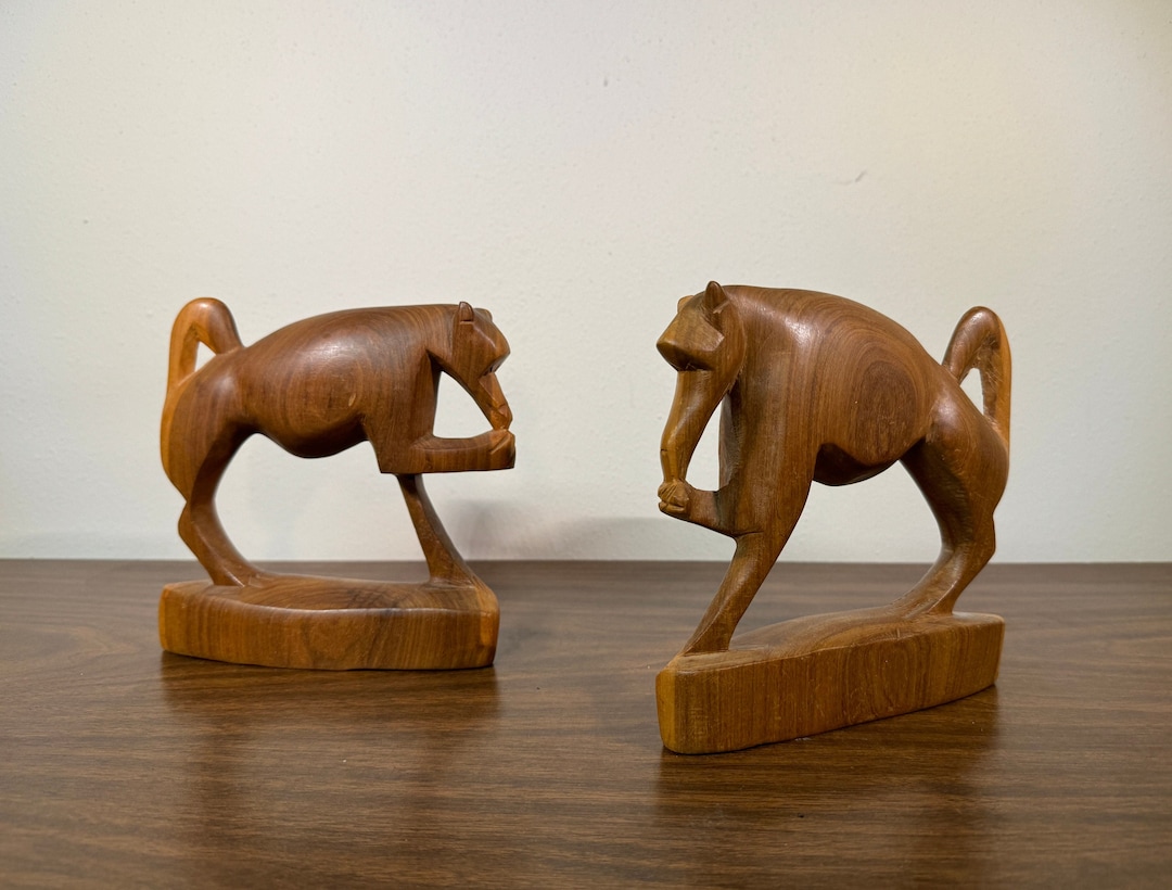 Two 6" Wooden Ape Figurines - Carved Wood Primate Baboon Animal African ...