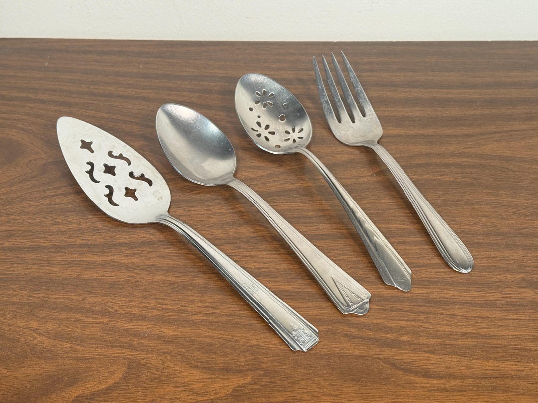 Four Art Deco Mismatched Stainless Steel Serving Utensils - Chevron ...