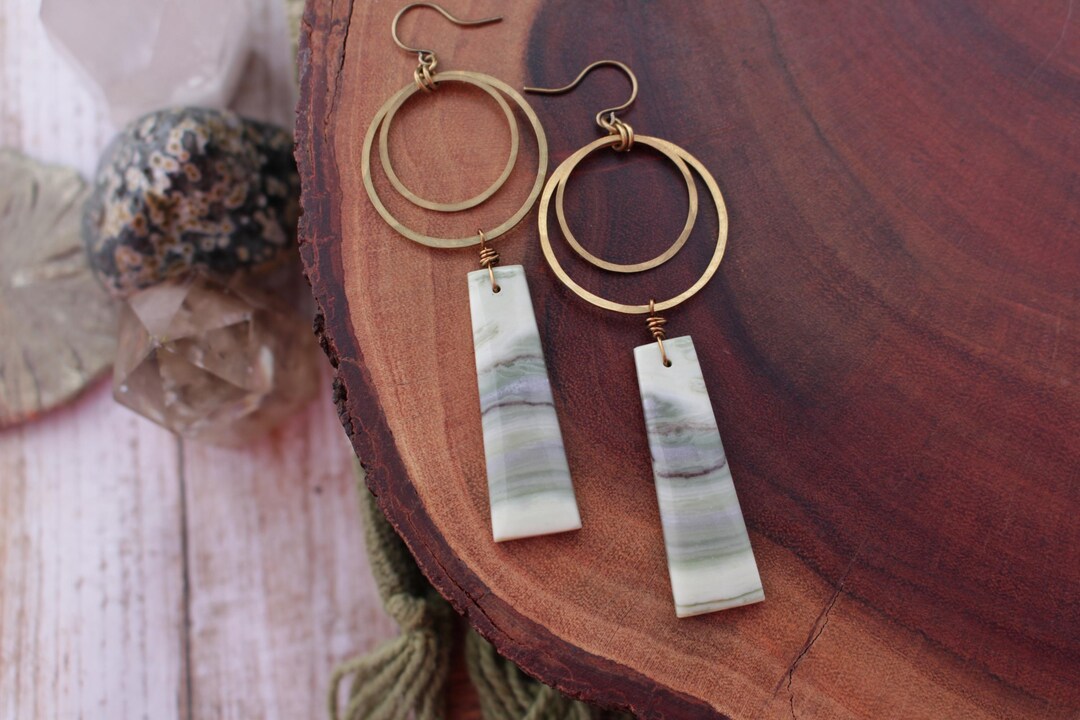 Serpentine Earrings, Double Hoop Earrings, Brass Earrings, Green Stone ...