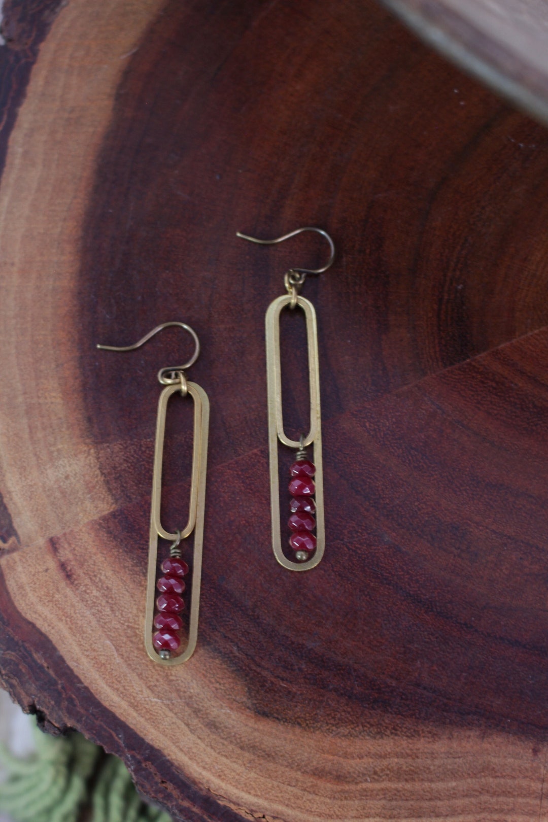 Red Jade Earrings, Oval Earrings, Brass Dangle Earrings, Gemstone Stick ...