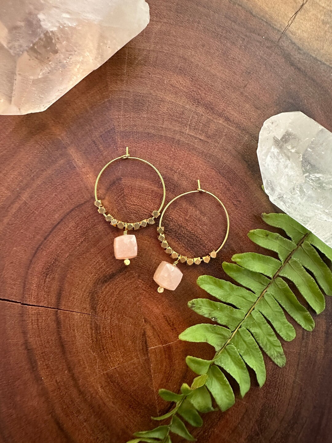 Peach Moonstone Hoops // Gemstone Hoop Earrings // Pink and Gold Hoops ...