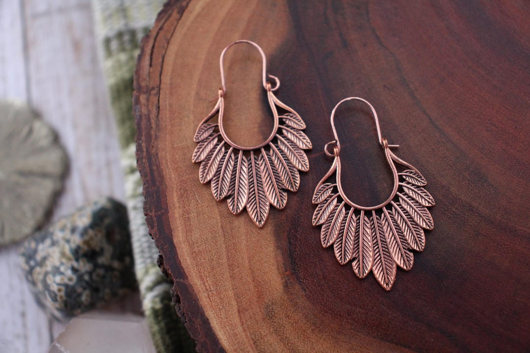 Copper Feather Hoops, Hoop Earrings, Rustic Boho Festival Jewelry - Etsy