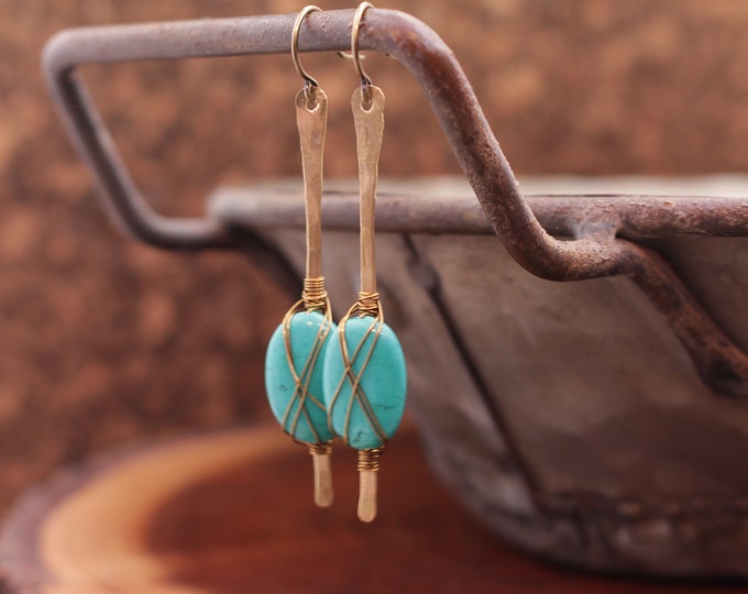 Turquoise Stick Earrings // Simple Drop Earrings // Gold Stick Earrings ...