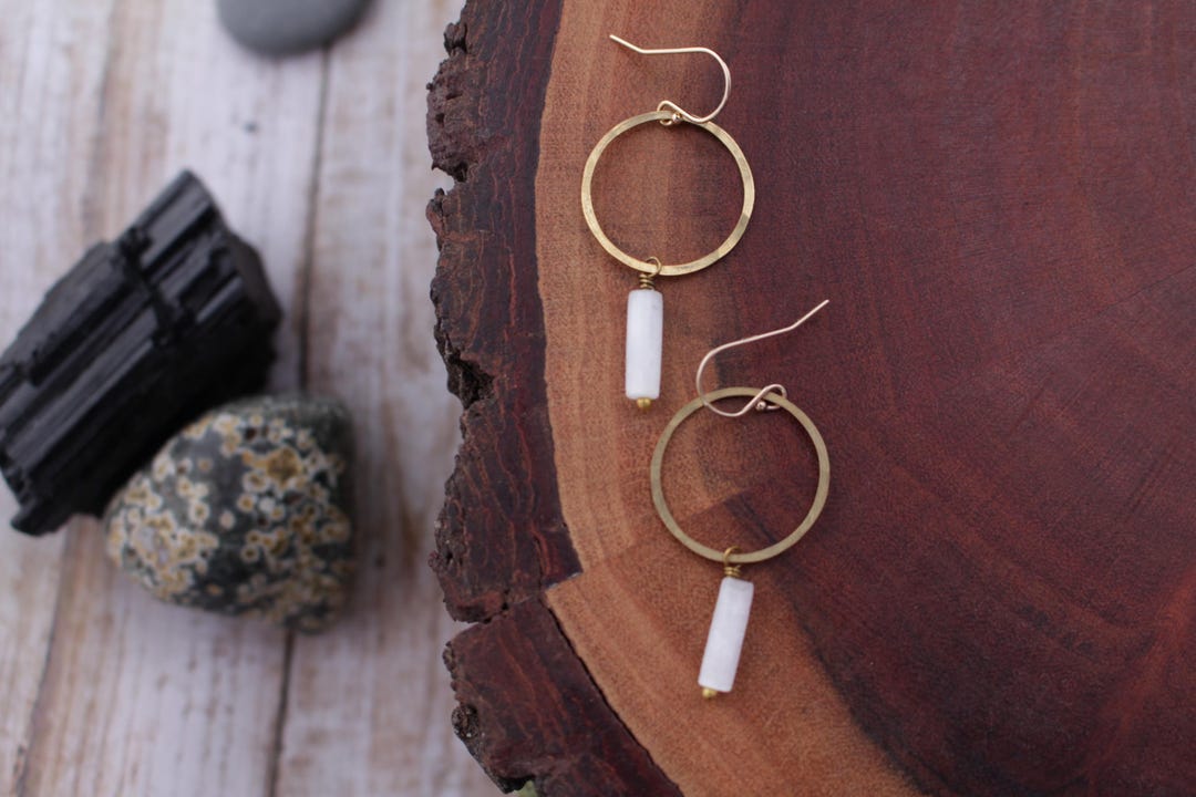 Selenite Dangle Earrings, Hammered Brass Circle, Gold Filled - Etsy